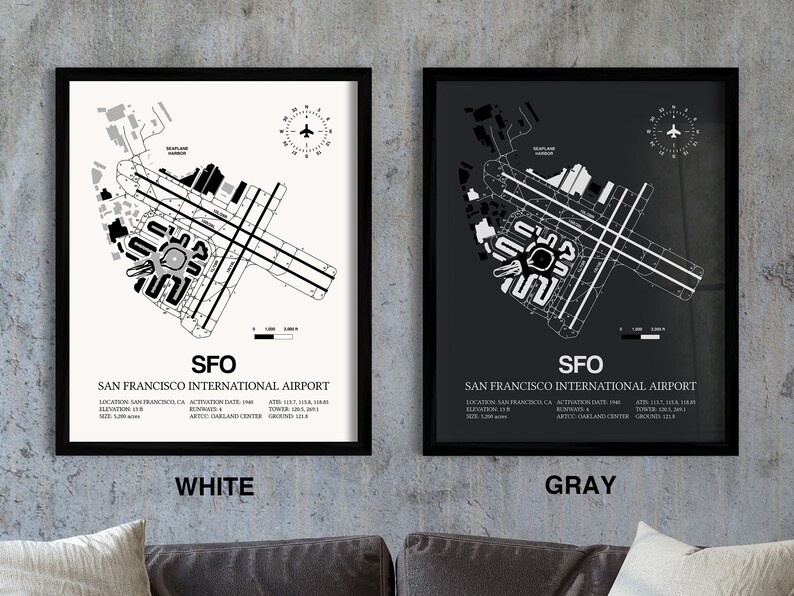 SFO Airport Map, San Francisco International Airport Framed Print ...