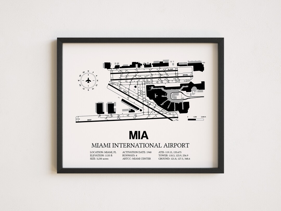 MIA Airport Map, Miami International Airport Art Framed Print, Aviation ...