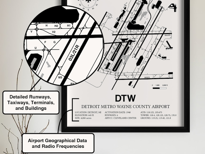 DTW Airport Map, Detroit Metro Wayne County Airport Framed Print ...