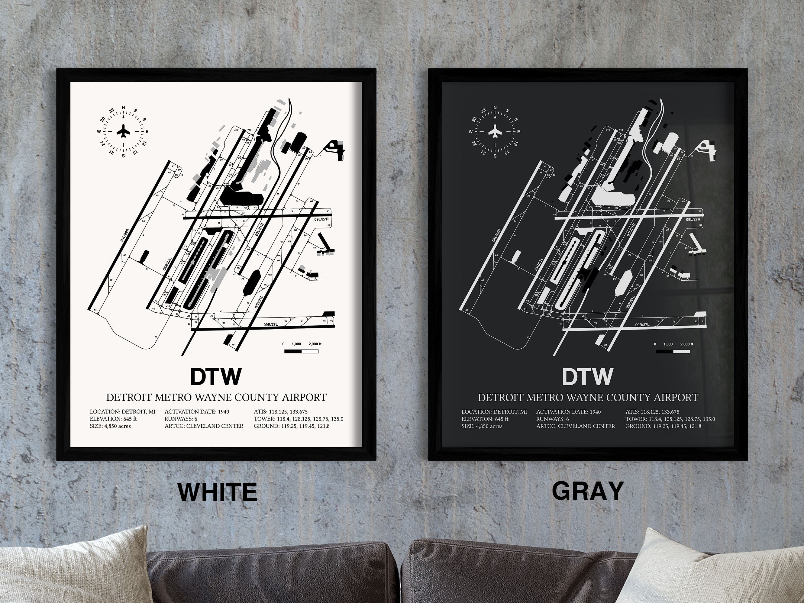 DTW Airport Map, Detroit Metro Wayne County Airport Framed Print ...