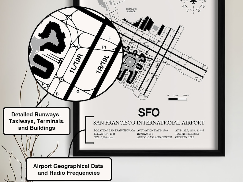 SFO Airport Map, San Francisco International Airport Framed Print ...