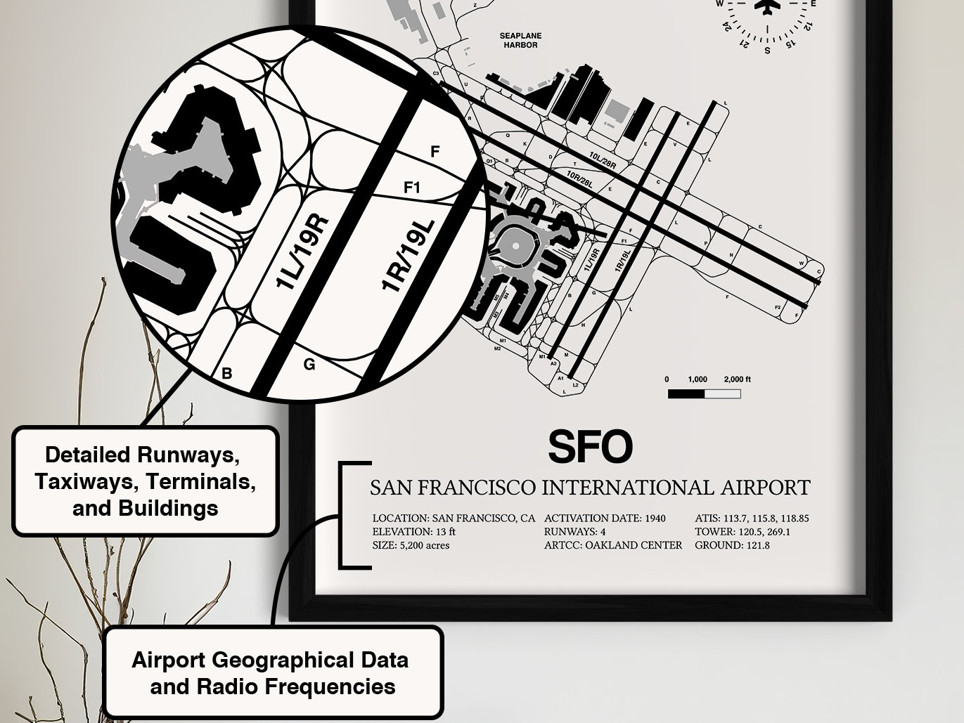 SFO Airport Map, San Francisco International Airport Framed Print ...