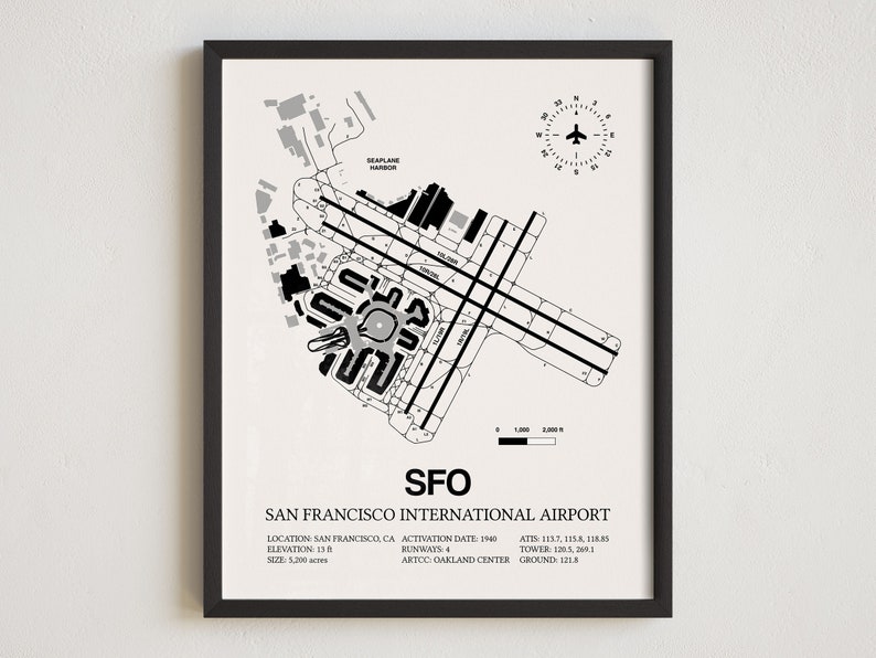 SFO Airport Map, San Francisco International Airport Framed Print ...