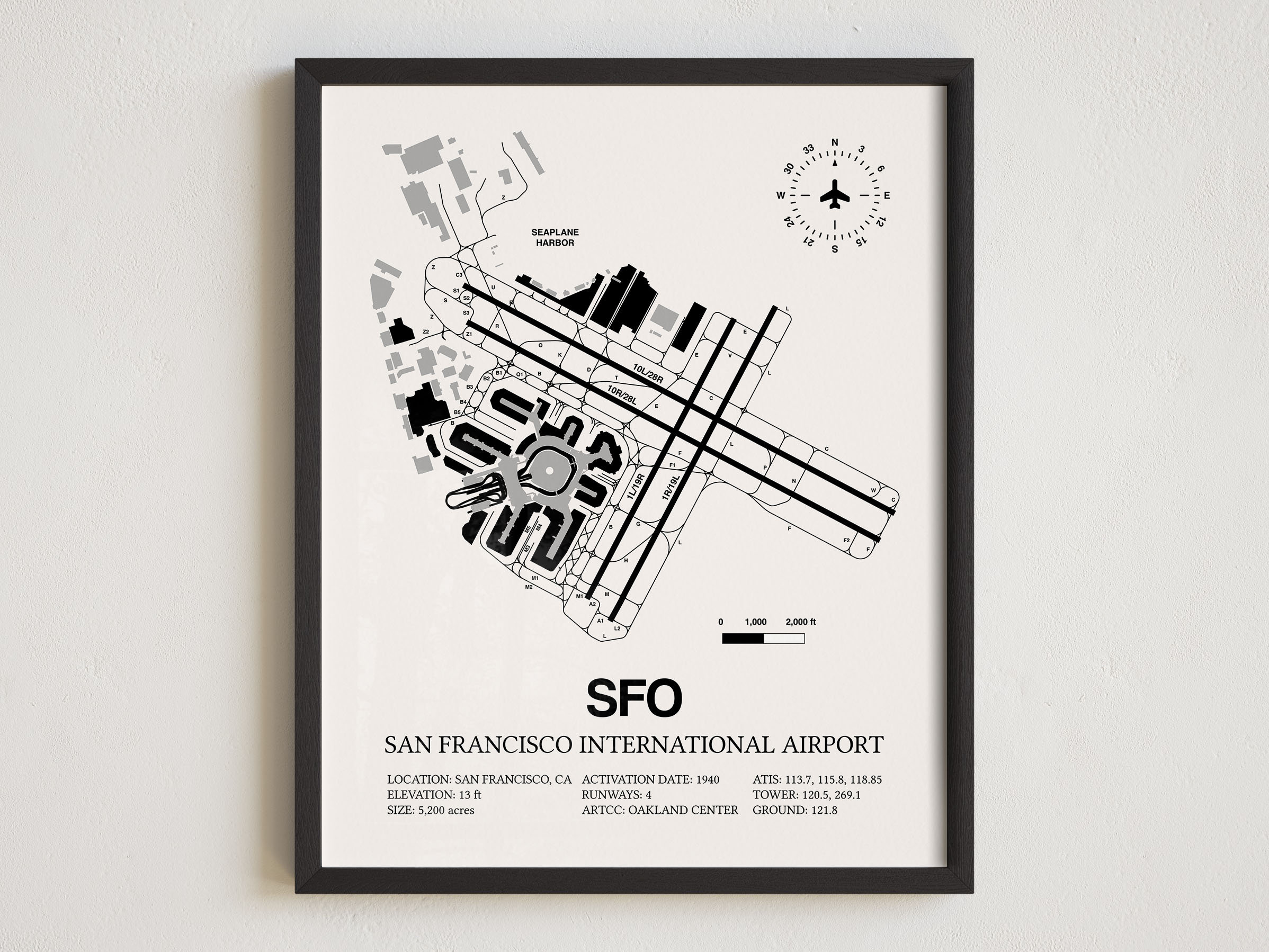 SFO Airport Map, San Francisco International Airport Framed Print ...