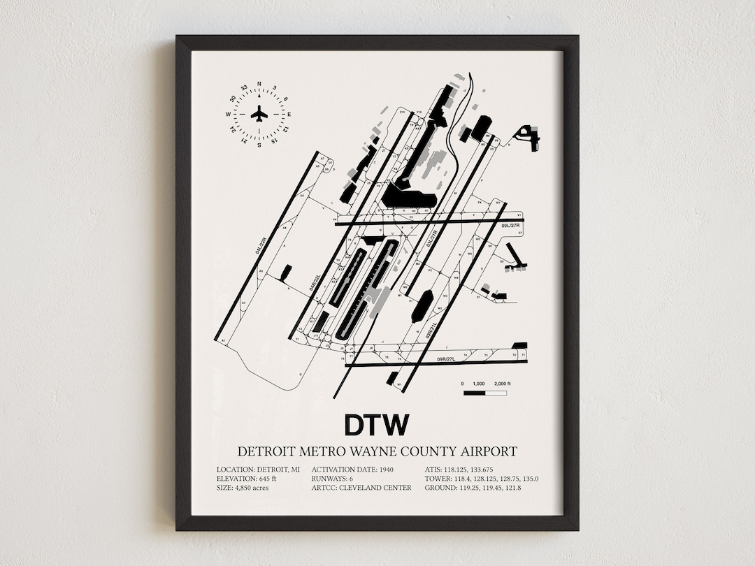 DTW Airport Map, Detroit Metro Wayne County Airport Framed Print ...