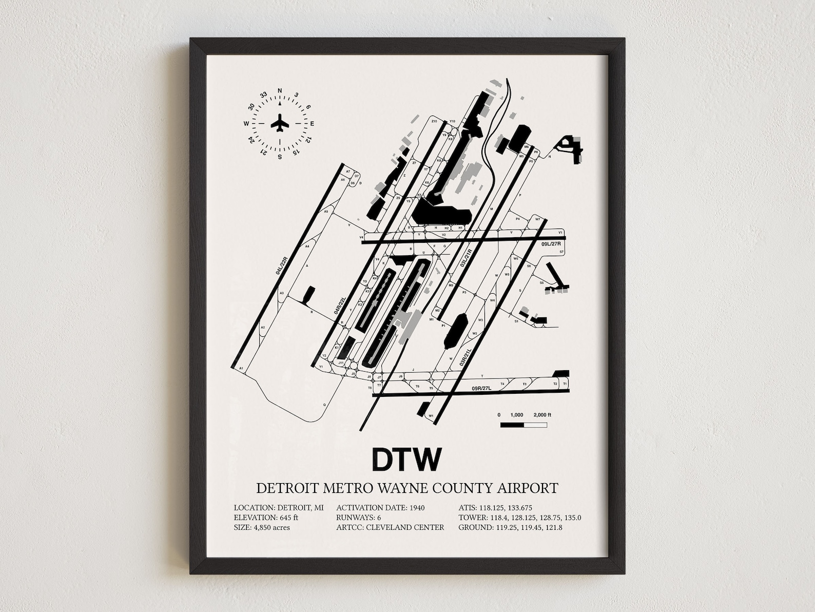 DTW Airport Map, Detroit Metro Wayne County Airport Framed Print ...