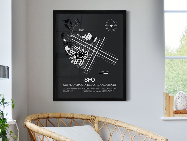 SFO Airport Map, San Francisco International Airport Framed Print ...