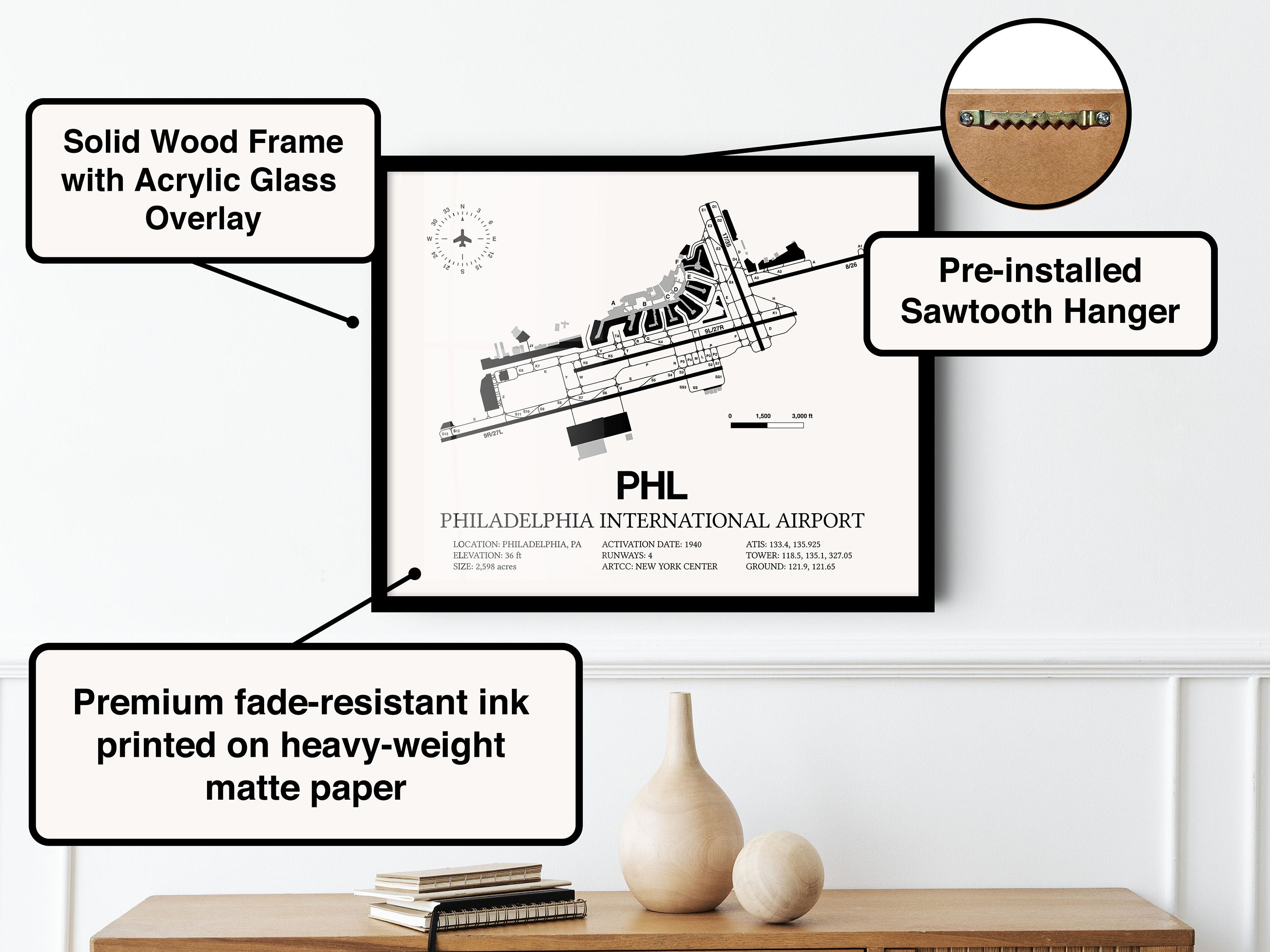 PHL Airport Map, Philadelphia International Airport Framed Print ...