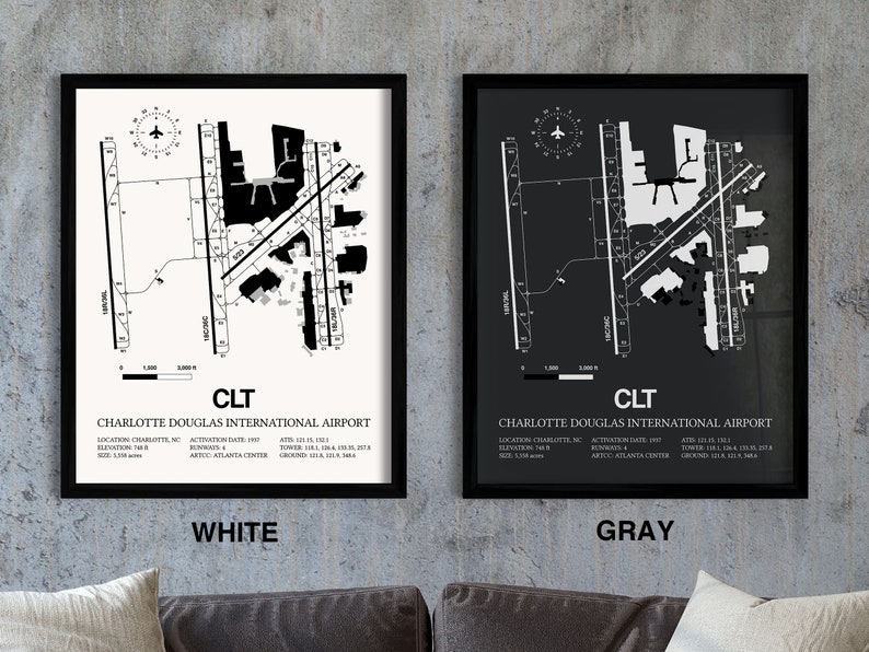 CLT Airport Map, Charlotte Douglas International Airport Framed Print ...