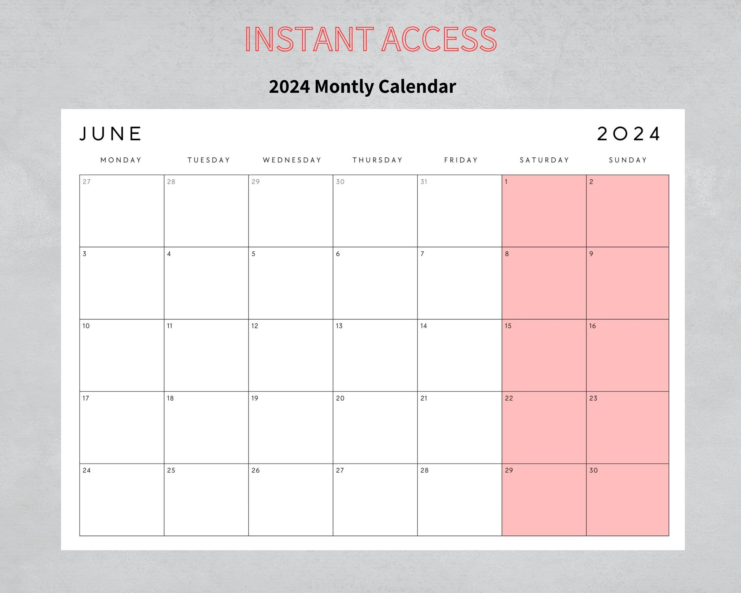 Printable Calendar 2024 Digital Planner 2024 Montly Planner 2024 Plain ...