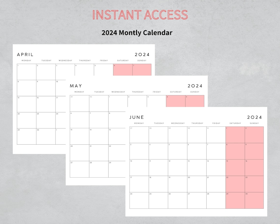 Printable Calendar 2024 Digital Planner 2024 Montly Planner 2024 Plain ...