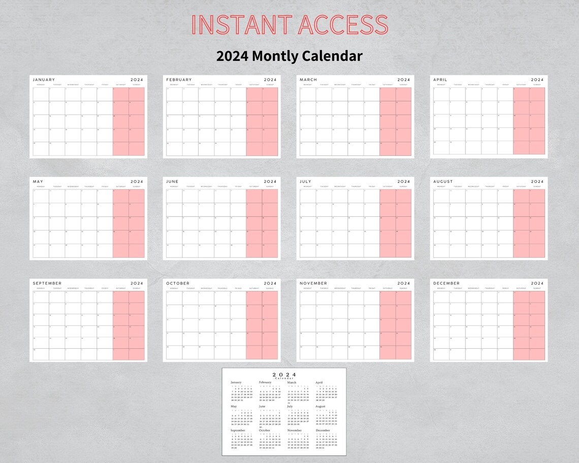 Printable Calendar 2024 Digital Planner 2024 Montly Planner 2024 Plain ...