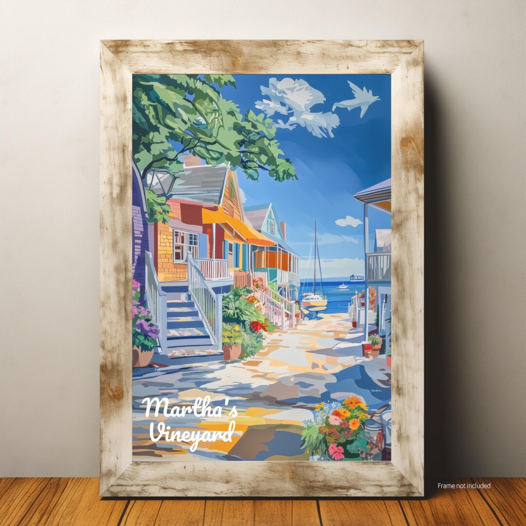 Martha's Vineyard Poster, Vintage Coastal Wall Art, Colorful Beach ...