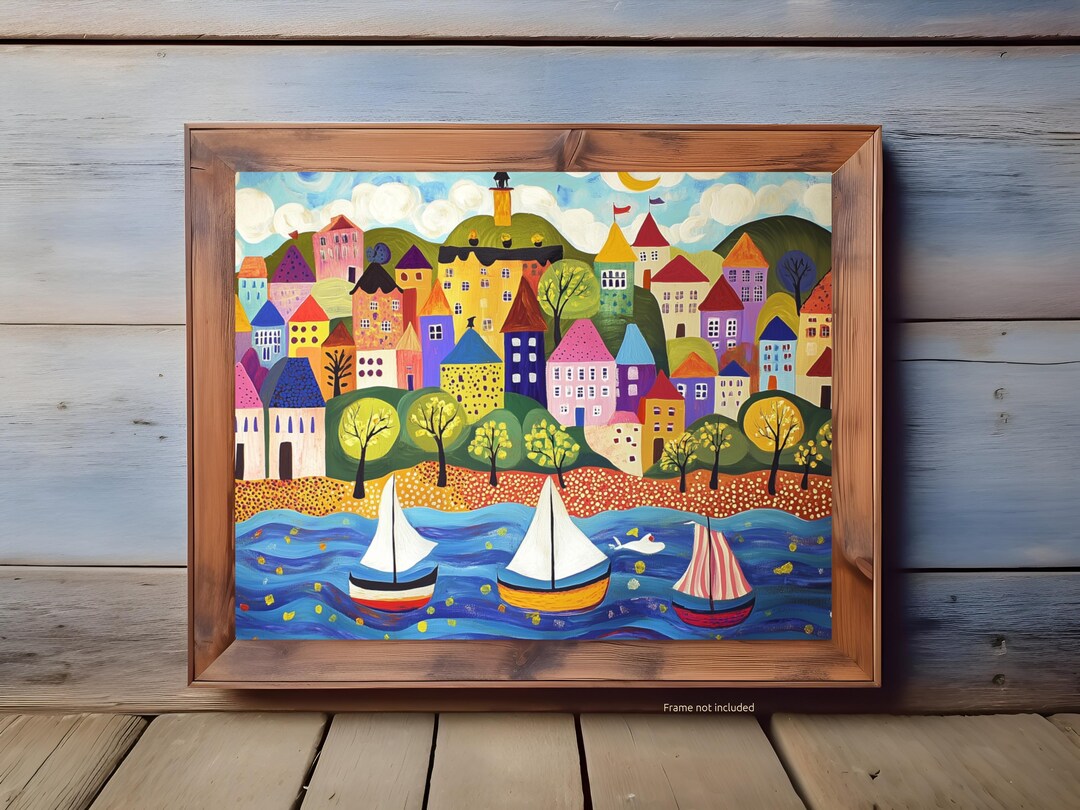 Vibrant Coastal Village Naive Art Print With Sailboats and Colorful ...
