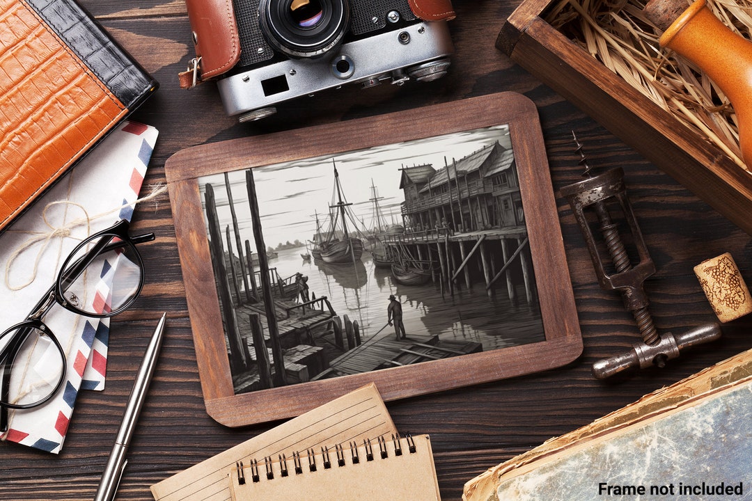 At the Warf, Vintage 19th Century Look Monochrome Drawing of Ships at a ...