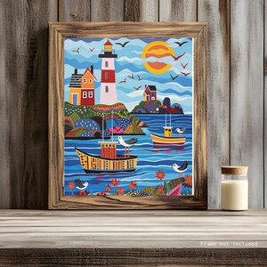 Colorful Coastal Wall Art Print Nautical Folk Style Harbor Scene With ...