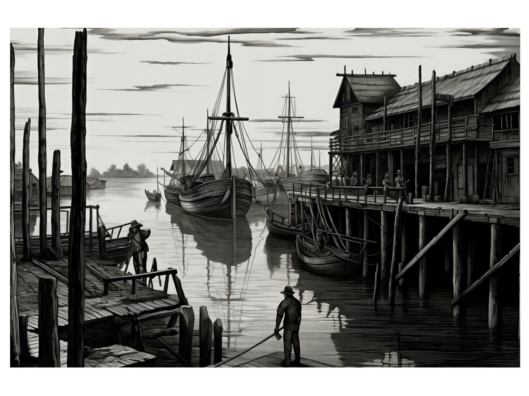 At the Warf, Vintage 19th Century Look Monochrome Drawing of Ships at a ...