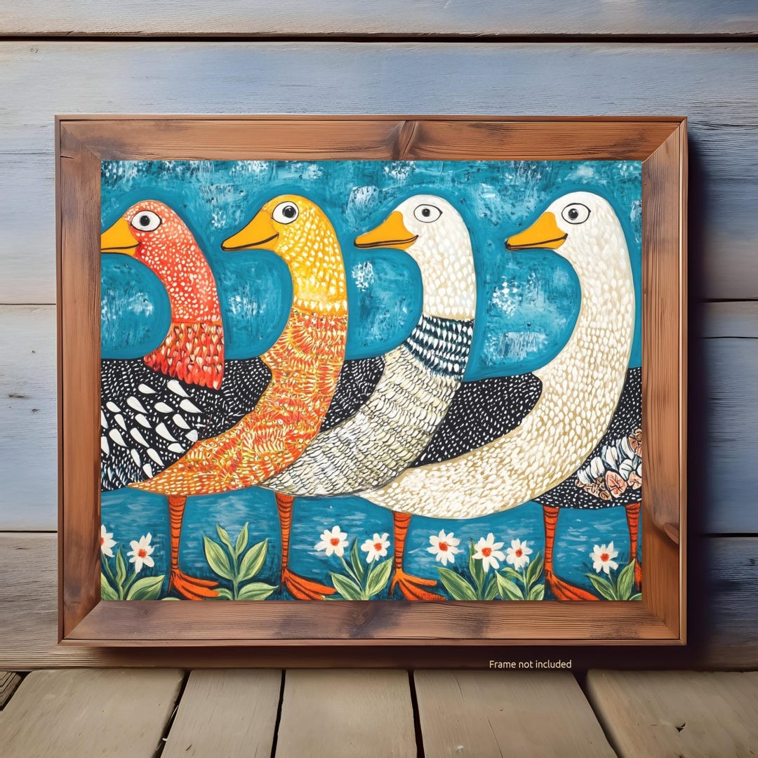 Colorful Goose Art Print, Folk Art Bird Wall Decor, Whimsical Waterfowl ...