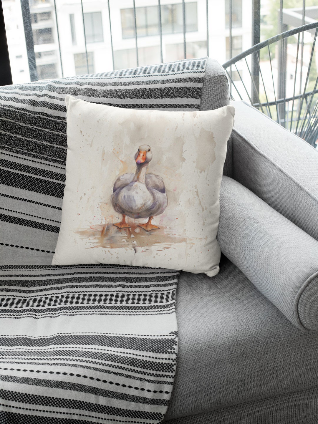 Farmhouse Goose Throw Pillow Cover With Watercolor Style Rustic ...
