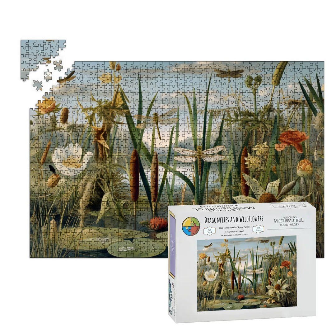 Dragonflies and Wildflowers Wetland Scene 1000 Piece Wooden Puzzle ...