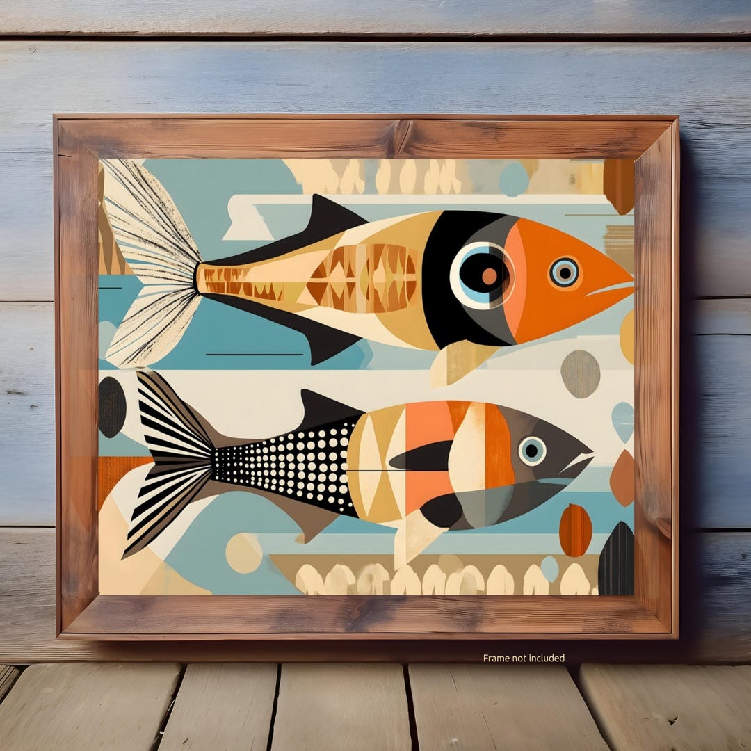 Mid Century Modern Fish Wall Art, Abstract Coastal Print, Geometric ...
