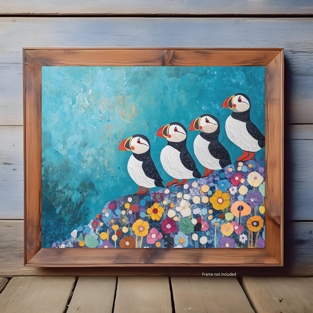 Puffin Wall Art Print, Coastal Bird Illustration, Colorful Seaside ...