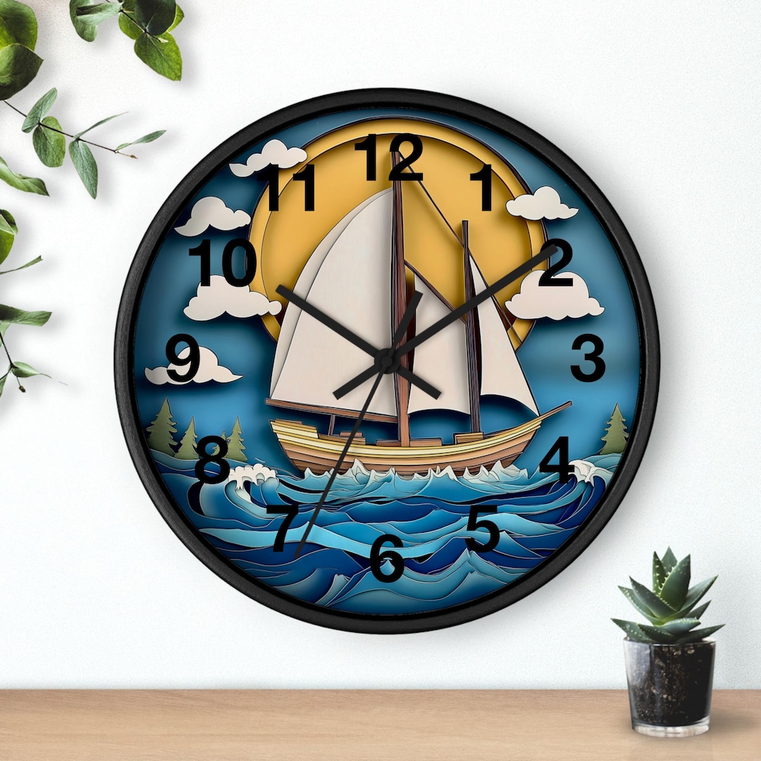 Nautical Sailboat Wall Clock With Ocean Waves Design - Unique Boat ...