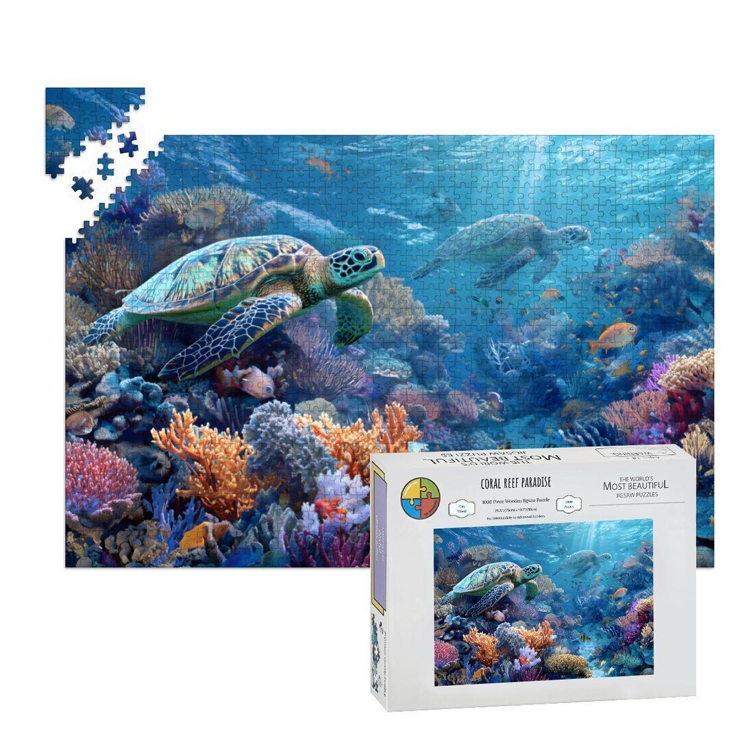 1000 Piece Wooden Puzzle Coral Reef Paradise, Sea Turtle Swimming ...