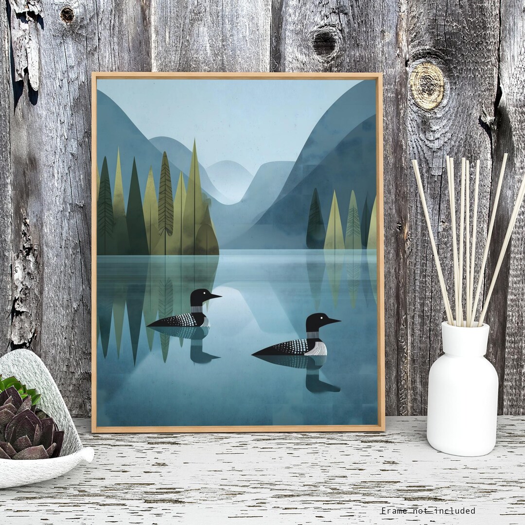 Modern Loon Lake Art Print With Minimalist Forest and Mountain ...