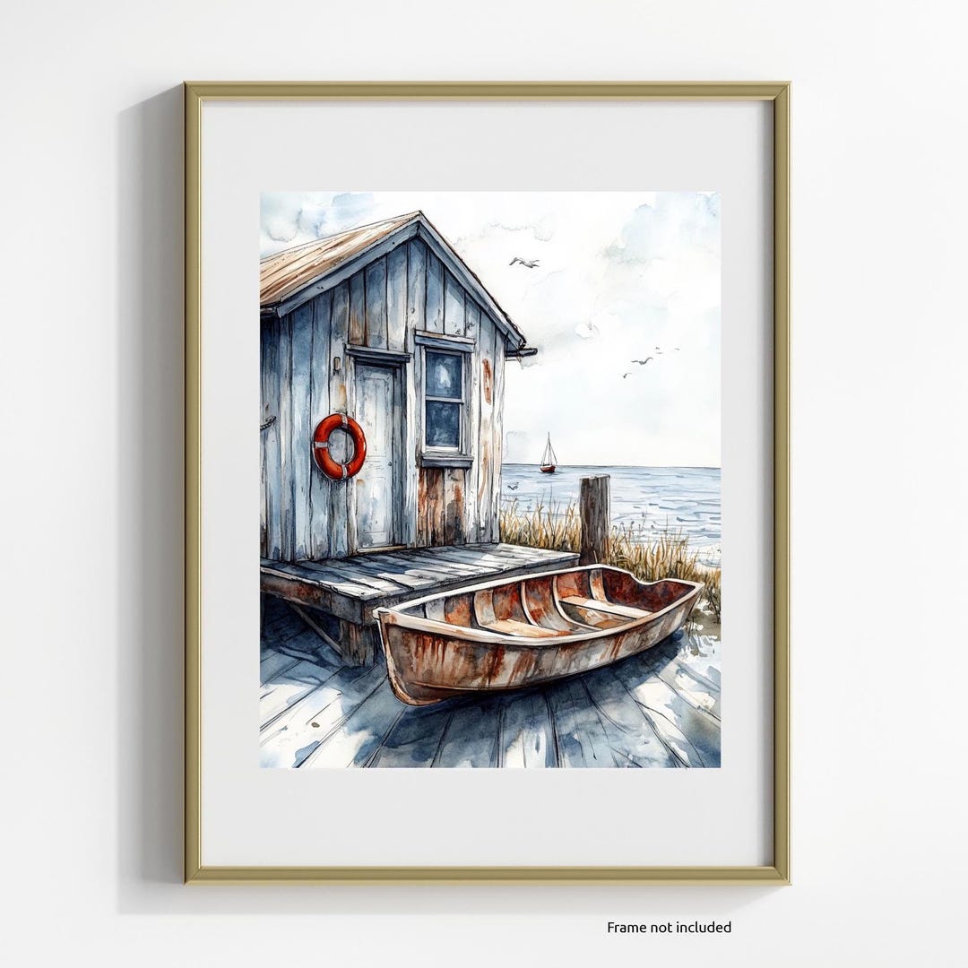 Coastal Cottage and Boat Watercolor Print - Rustic Seaside Art ...