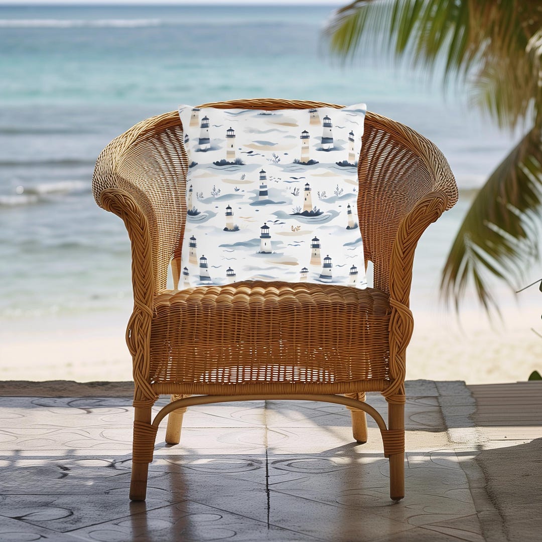 Hamptons Style Lighthouse Design Outdoor Throw Pillow, Coastal ...