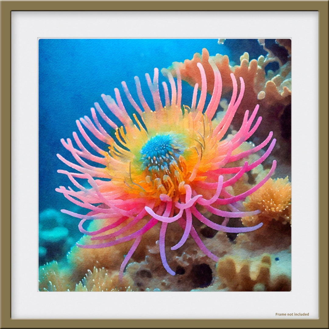 Colorful Sea Anemone and Coral Reef Watercolor Print - Vibrant Sea ...