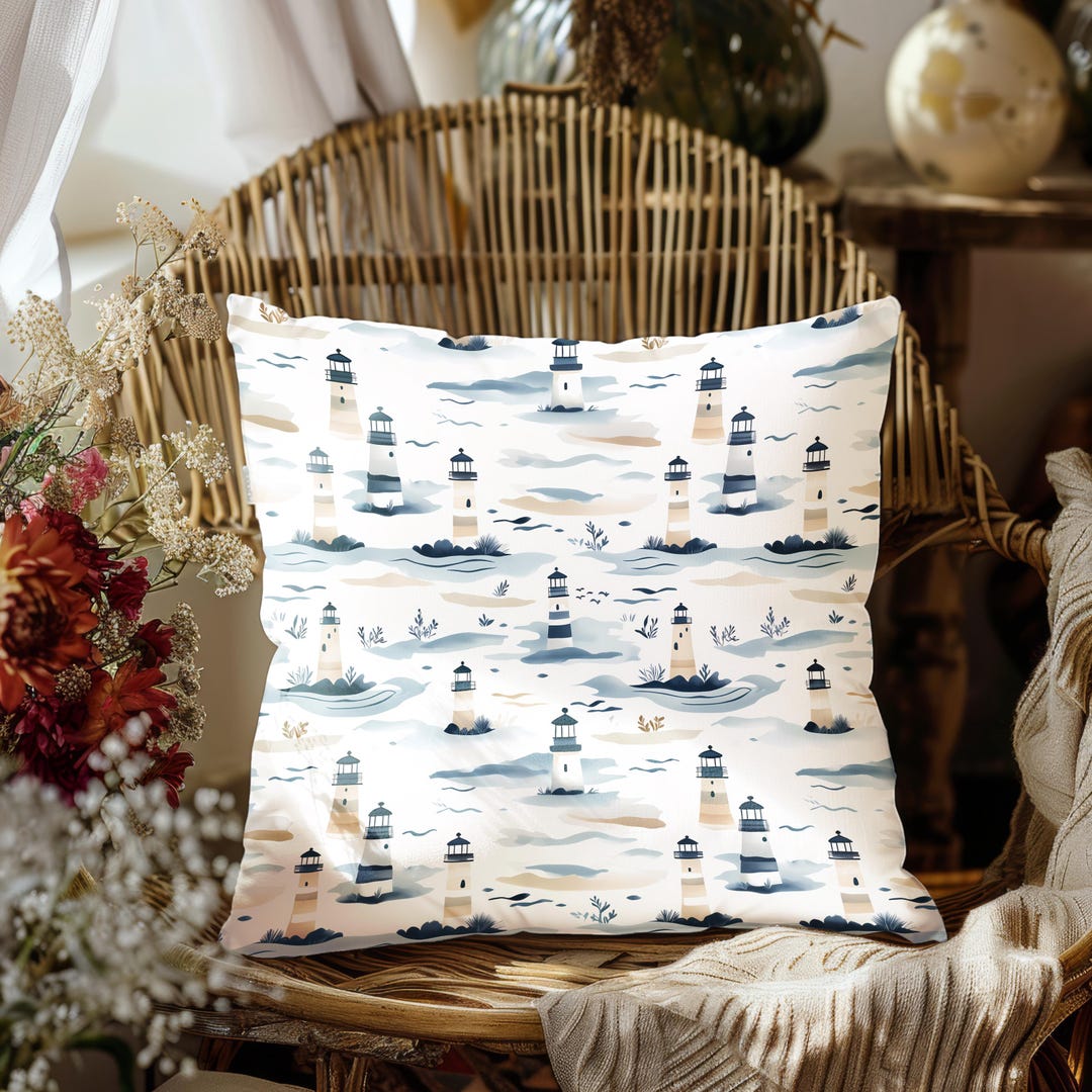 Hamptons Style Lighthouse Design Throw Pillow Cover, Coastal Decorative ...