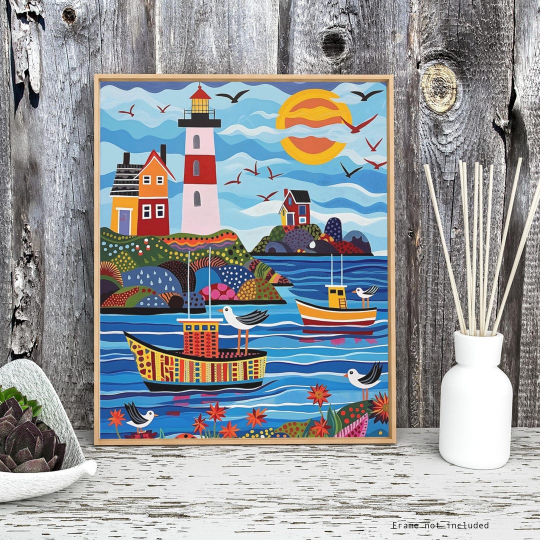 Colorful Coastal Wall Art Print Nautical Folk Style Harbor Scene With ...