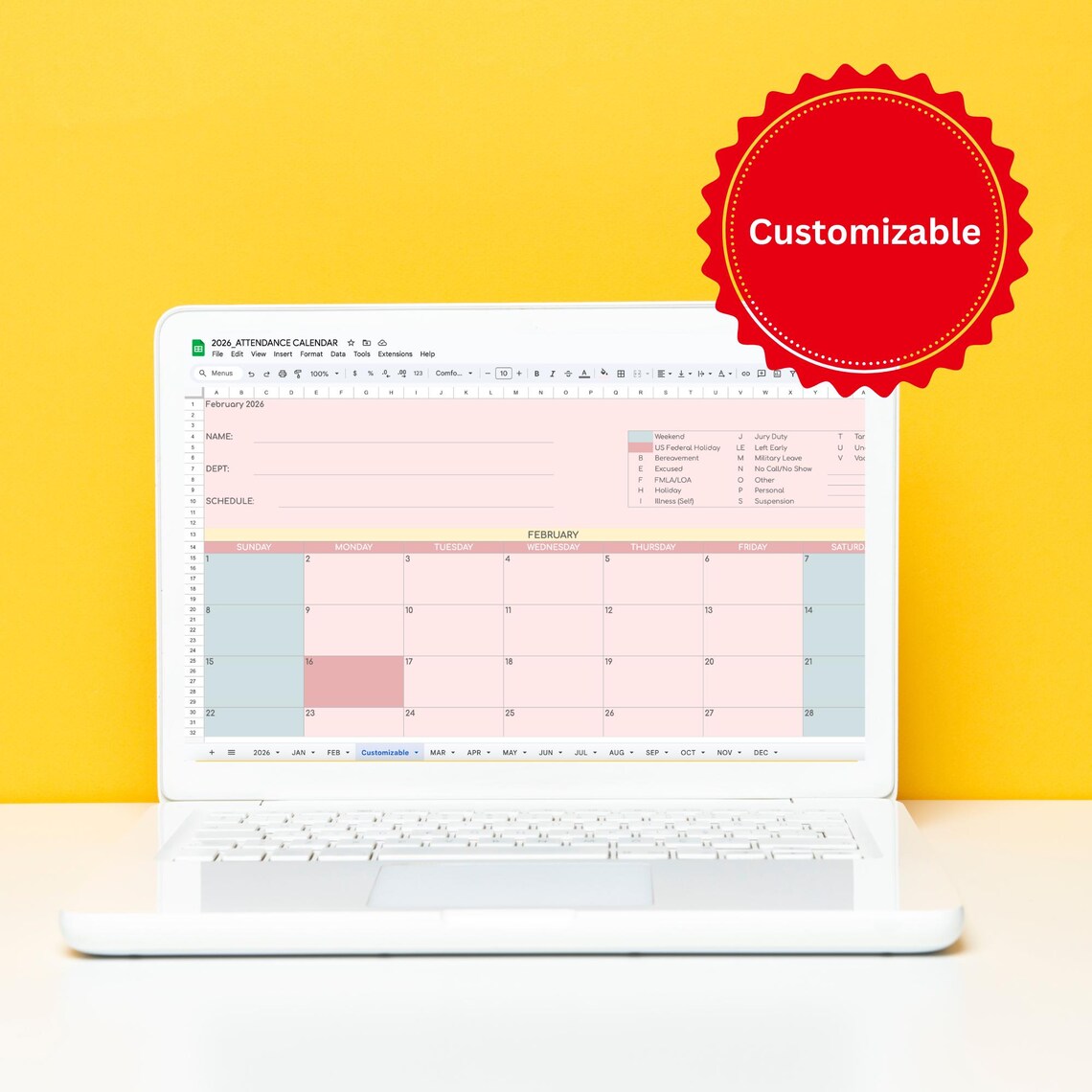 2026 Attendance Tracker Template | Google Sheet Attendance Record ...