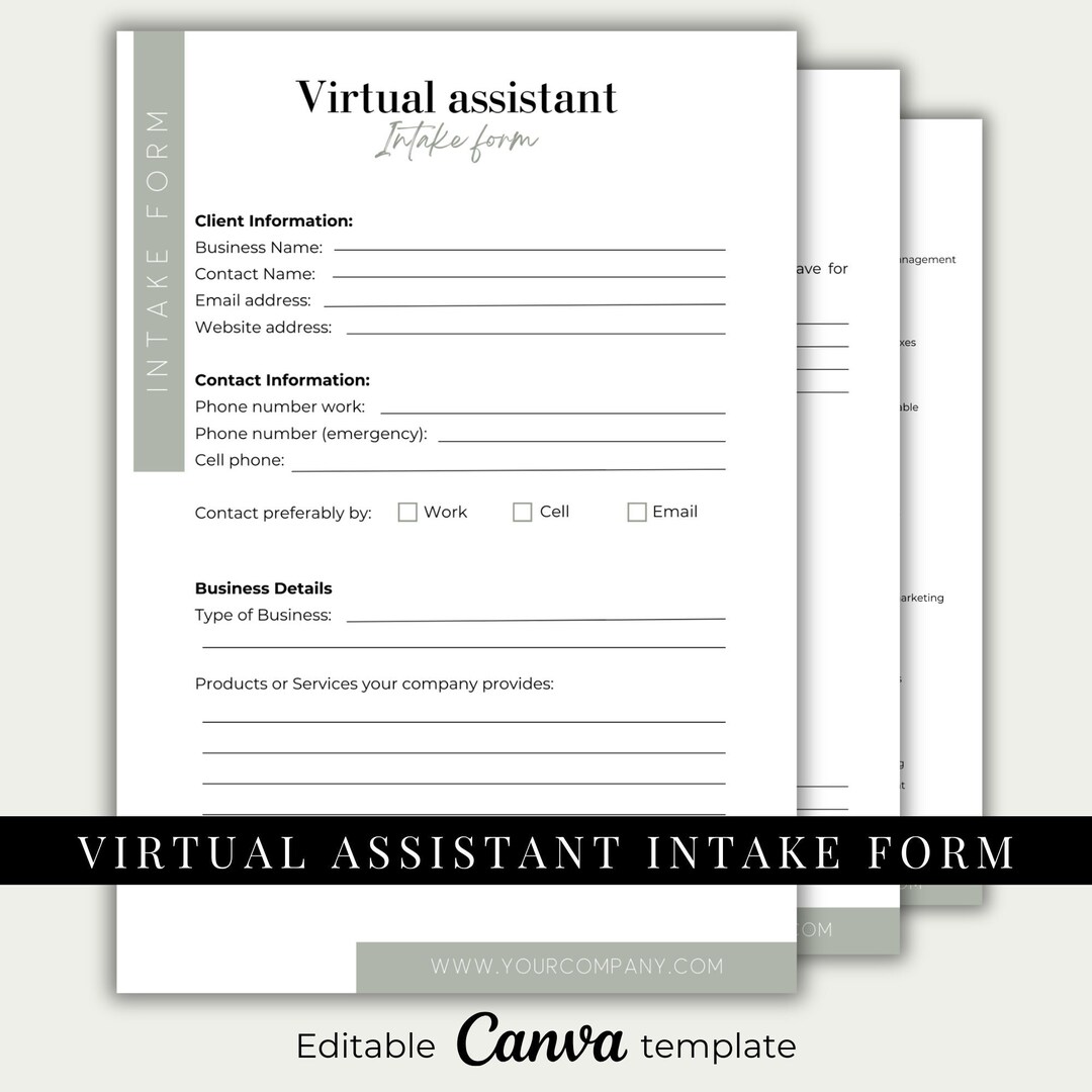 Virtual Assistant Intake Form Template, Virtual Assistant Service List, VA Template, Virtual ...
