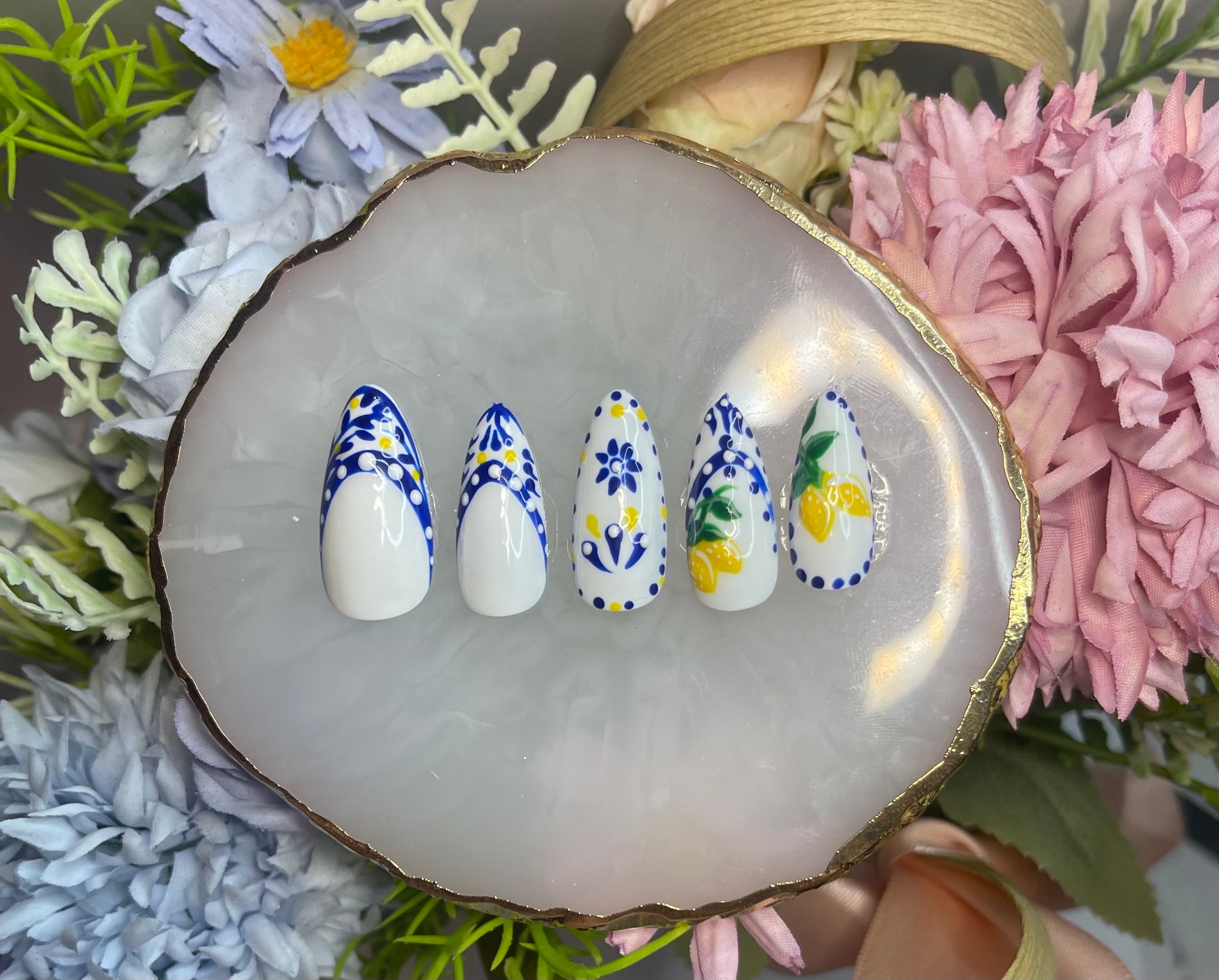 Porcelain Nail Art, Press on Nails, Lemons, Luxury Handmade Nails, 3D ...