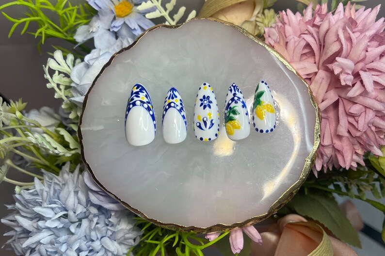 Porcelain Nail Art, Press on Nails, Lemons, Luxury Handmade Nails, 3D ...