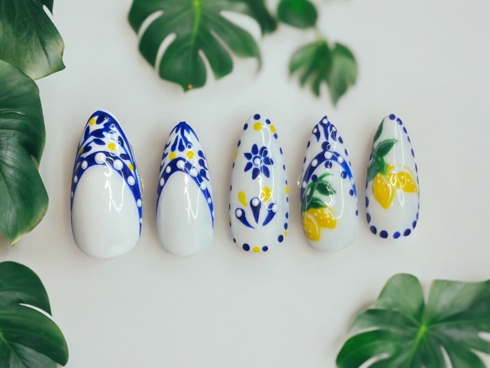 Porcelain Nail Art, Press on Nails, Lemons, Luxury Handmade Nails, 3D ...