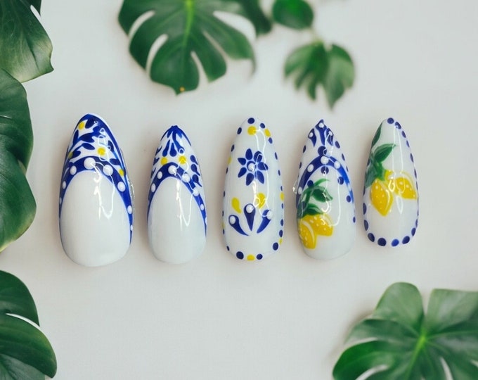 Porcelain Nail Art, Press on Nails, Lemons, Luxury Handmade Nails, 3D ...