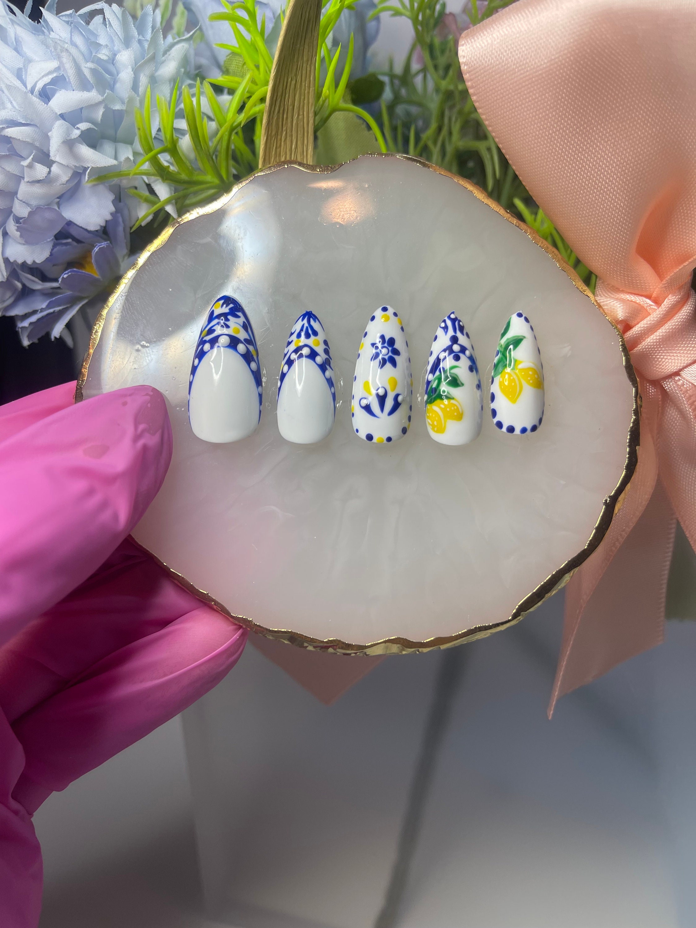 Porcelain Nail Art, Press on Nails, Lemons, Luxury Handmade Nails, 3D ...