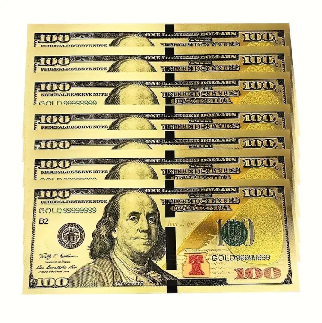 Golden 100 Dollar Prop Money Set (8pcs) – Realistic Benjamin Franklin ...
