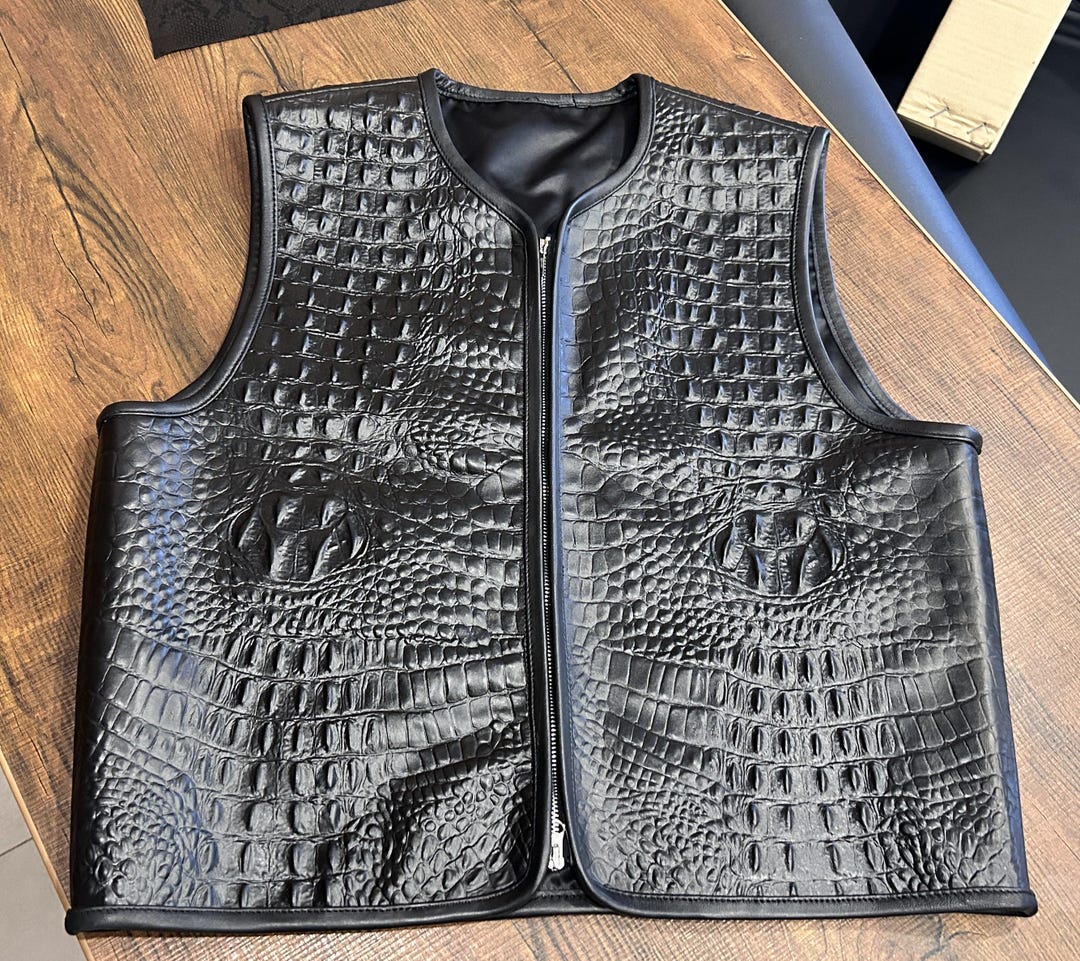 Mens Motorcycle Motorbike Crocodile Embossed Black Genuine Leather Vest ...