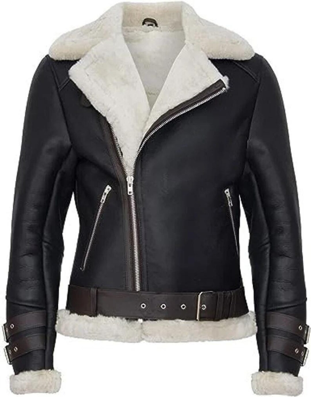 Mens Motorcycle Shearling White Fur Black Leather Winter Jacket Club ...