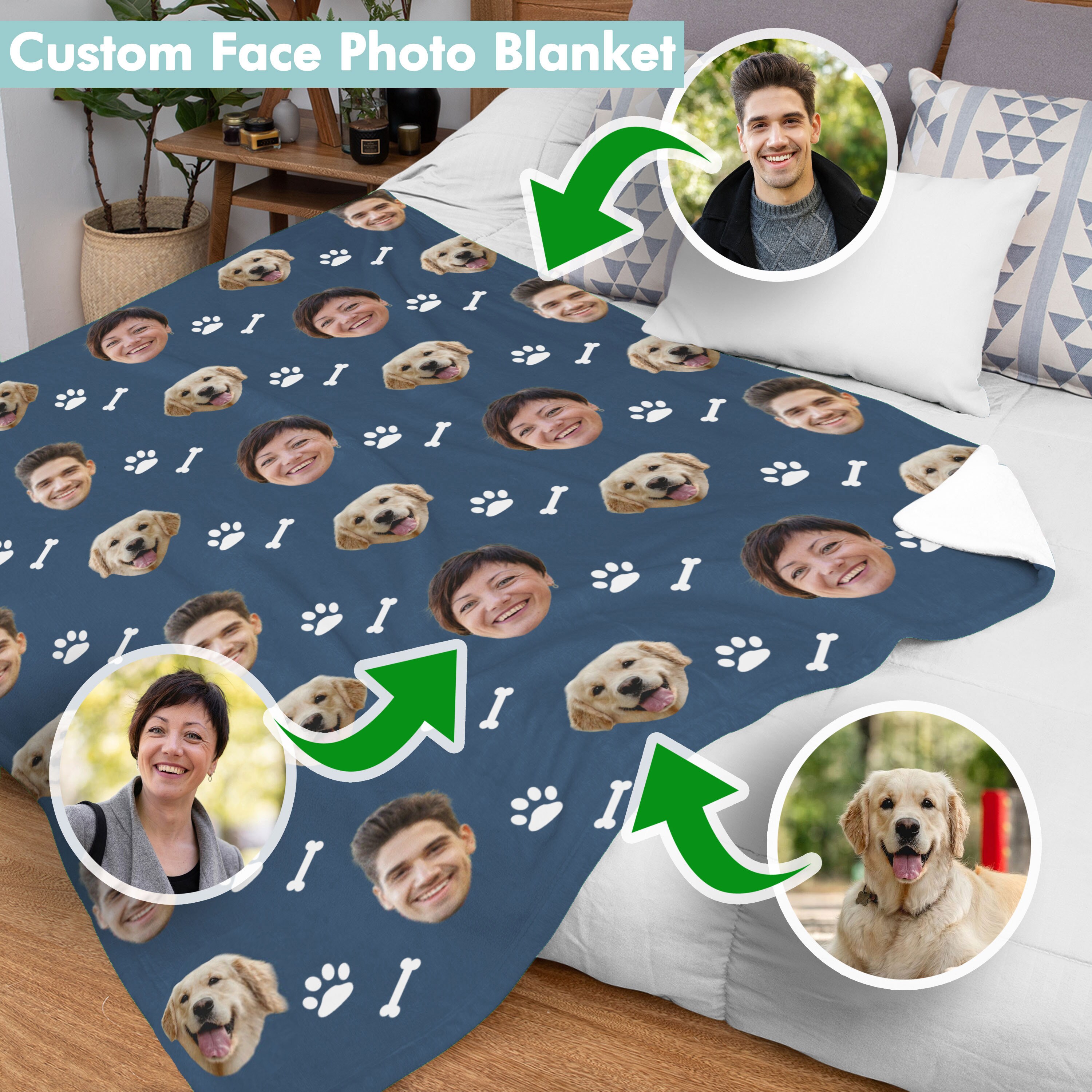 Personalized Face and Emoji Blanket, Custom Face Photo Blanket, Fleece ...