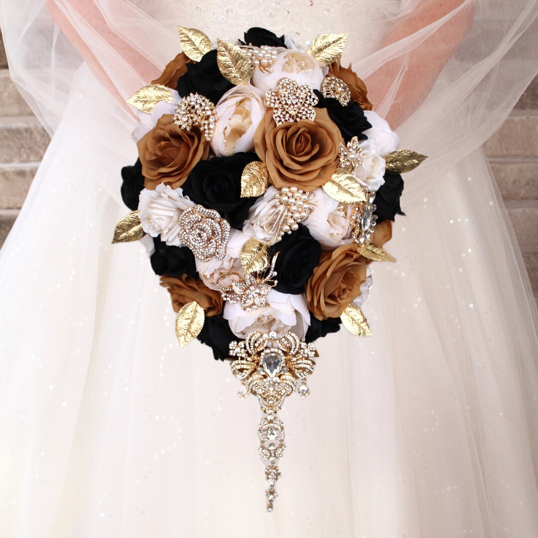 Black and Gold Wedding Bouquet. Great Gatsby Wedding Flowers. Cascade ...