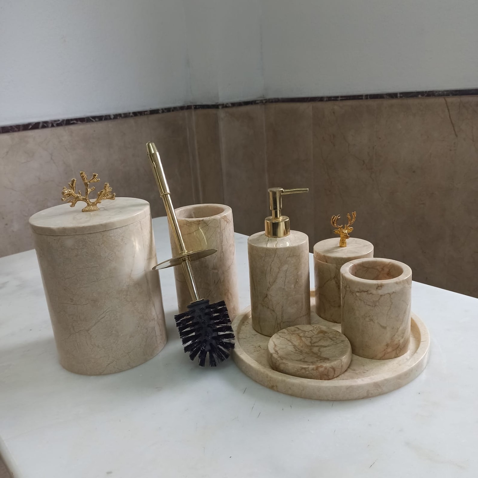 Marble Bathroom Accessory Set Modern, Gold Soap Dish With Pump, Stylish ...