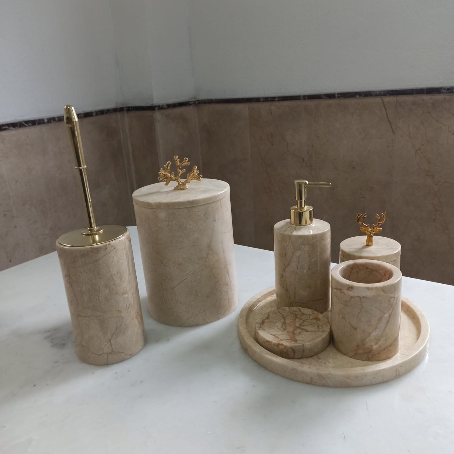 Marble Bathroom Accessory Set Modern, Gold Soap Dish With Pump, Stylish ...