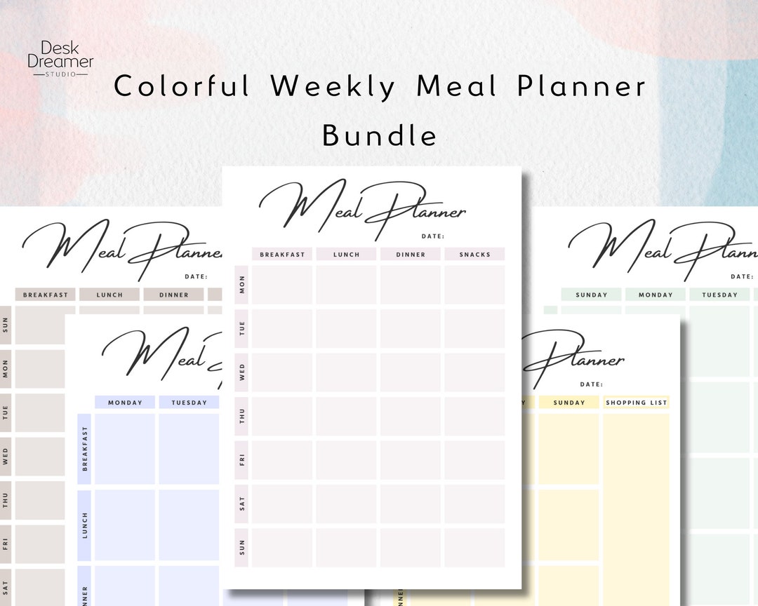 Colorful Meal Planner Printable, Weekly Food Diary & Tracker, One and ...