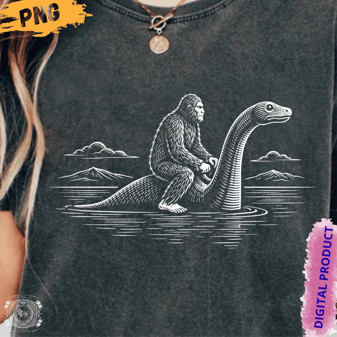 Bigfoot Riding Loch Ness Monster PNG Funny Cryptid Art, Mythical ...